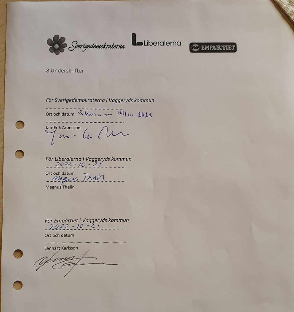 Avtal signerat: L, EMP och SD säkrar platser i arbetsutskott - Skillingaryd